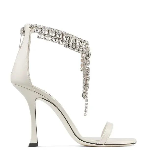 JIMMY CHOO Verity 100 Patent Leather Embellished Sandals - White