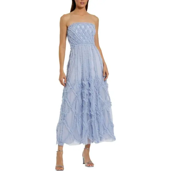 Mac Duggal Mesh Ruffle Strapless A-line Midi Dress - Periwinkle