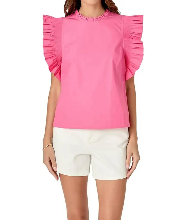 English Factory Ruffle Sleeve Poplin Top - Fuchsia