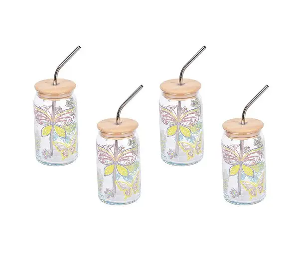 TEMP-TATIONS Set Of 4 Glass Tumblers With Wood Lids And Straws