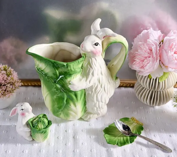 VALERIE PARR HILL As Is Ceramic Bunny & Lettuce Pitcher Valerie