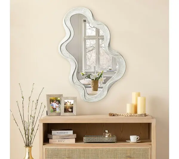 GLITZHOME 32' H Washed White Wood Frame Wavy Wa Ll Mirror
