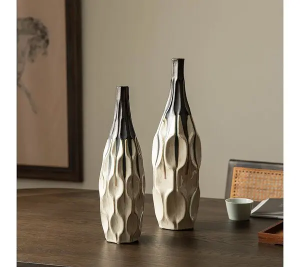 GLITZHOME Two-toned Geometric Faceted Ceramic T Able Vases S/2