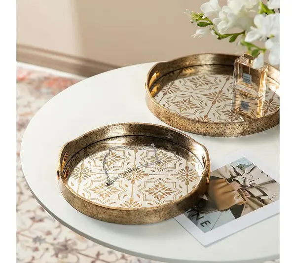 GLITZHOME Beautiful Round Abstract Mirrored Tra Ys Set Of 2