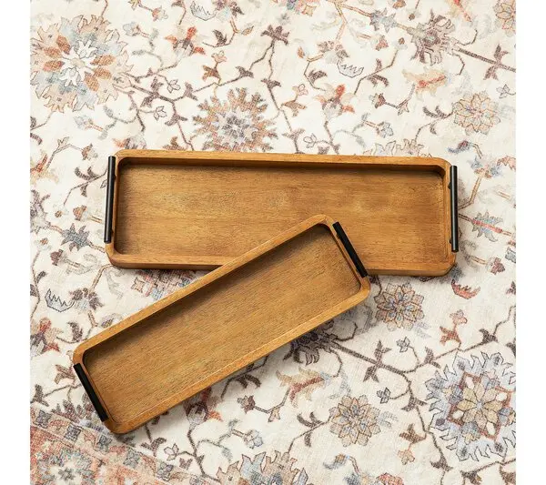 GLITZHOME Rectangle Acacia Wood Decorative Tray S Set Of 2