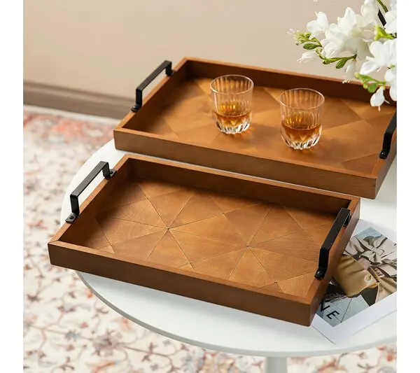 GLITZHOME Rectangle Wooden Geometric Decorative Trays Set Of 2