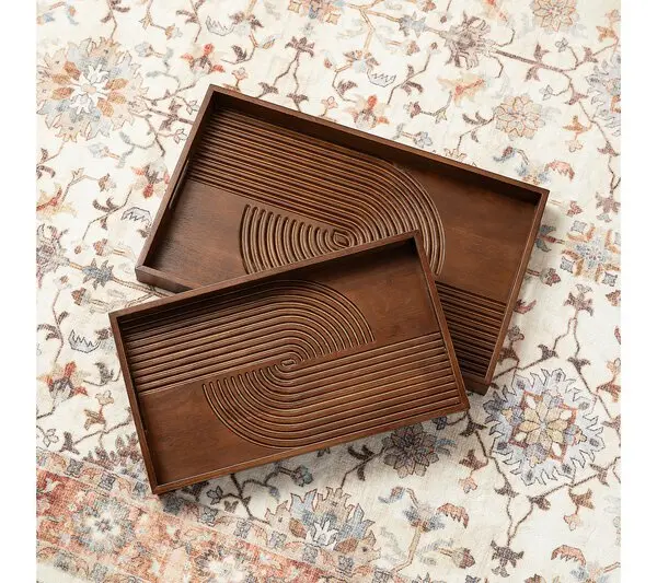 GLITZHOME Rectangle Rubber Wood Abstract Decora Tive Tray 2-set