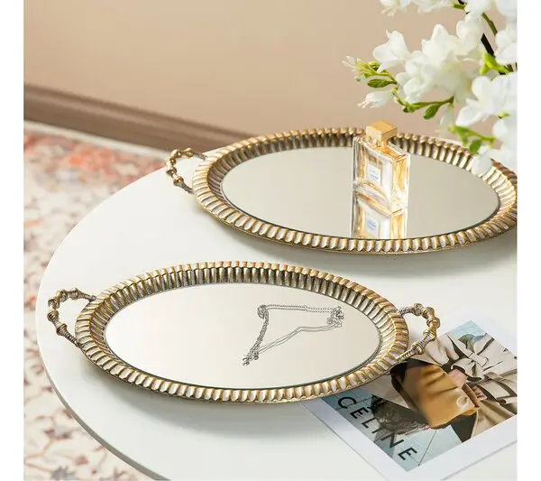 GLITZHOME Set Of 2 Oval Metal Mirrored Decorati Ve Trays