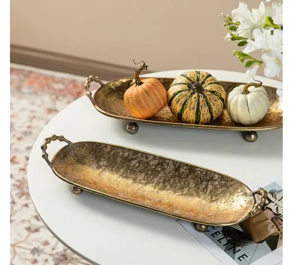 GLITZHOME Set Of 2 Elongated Oval Metal Decorat Ive Trays