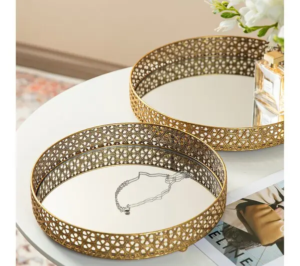 GLITZHOME Set Of 2 Round Metal Mirrored Decorat Ive Trays