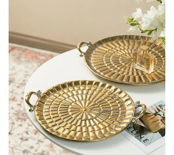 GLITZHOME Set Of 2 Round Metal Decorative Trays