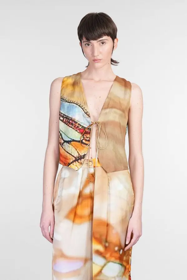 YAVI Sleeveless Silk Vest With Abstract Print And Lace Details - Multicolor