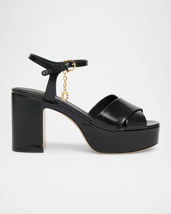 FERRAGAMO Savia Crisscross Gancini Charm Platform Sandals - Nero
