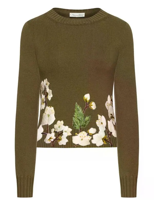 Oscar De La Renta Floral-embroidered Sweater - Green