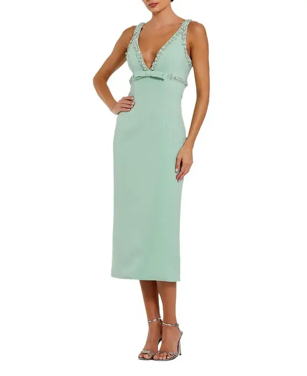 Mac Duggal Crepe Fitted Midi Dress With Bow And Beaded Trim