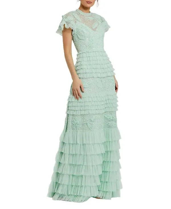 Mac Duggal Beaded Mesh High Neck Floral Gown