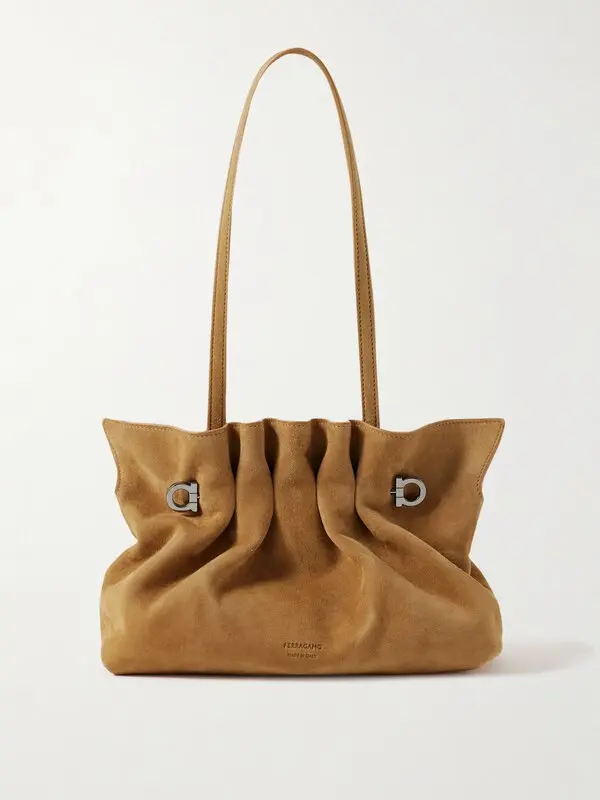 FERRAGAMO Embellished Gathered Suede Shoulder Bag - Brown