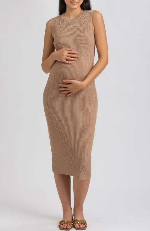 PIETRO BRUNELLI Ribbed Crewneck Maternity Midi Dress - Brown