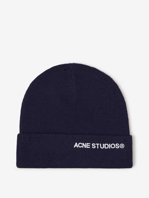 Acne Studios Distressed Logo Beanie - Midnight Blue