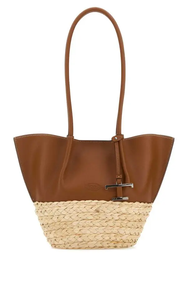 TOD'S Two-tone Leather And Raffia Small Shopping Bag - Multicoloured