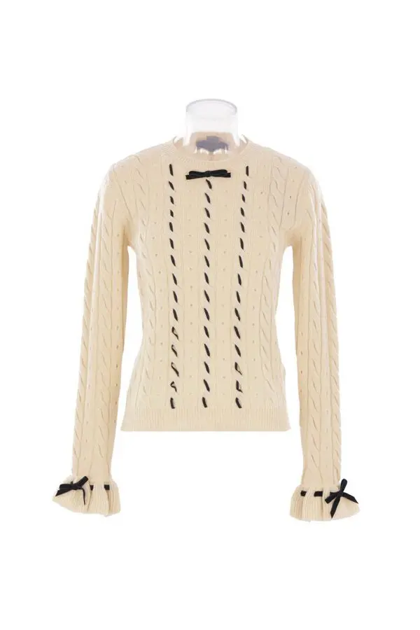 Valentino Garavani Cable-knit Wool Sweater With Grosgrain And Velvet Bows - Birch Tree