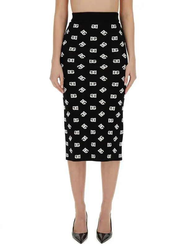 Dolce & Gabbana Viscose Logo Jacquard Pencil Skirt - Black