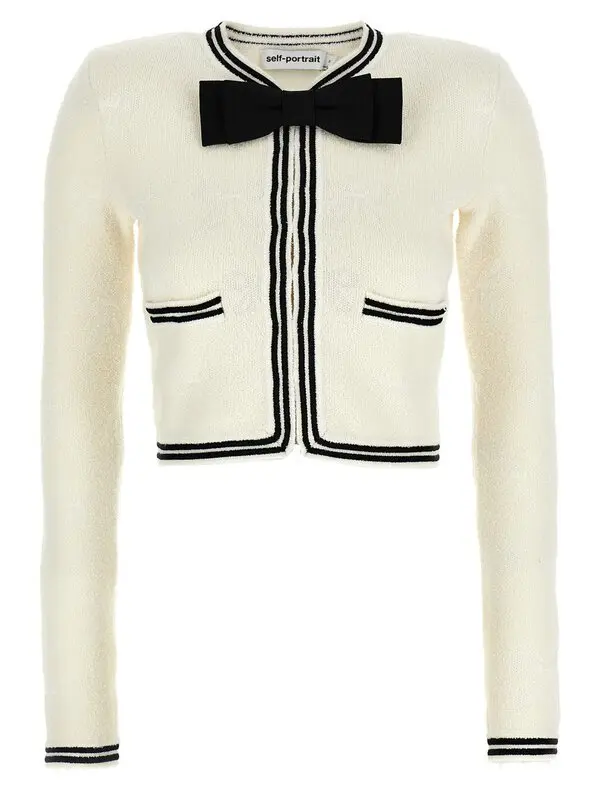 SELF-PORTRAIT Jacquard Terry Cardigan With Bow Brooch - Multicolor