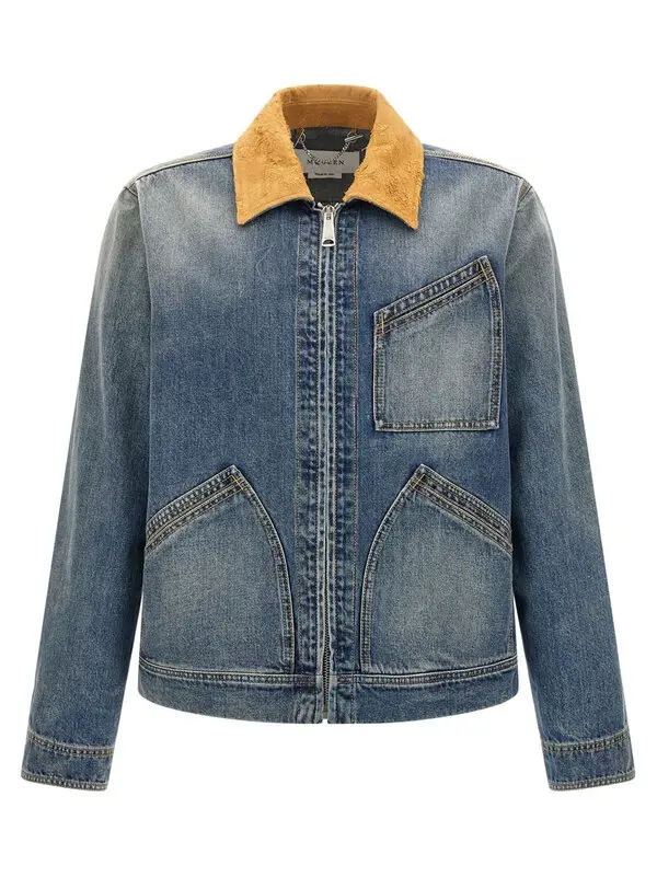 Alexander McQueen Denim Jacket With Suede Collar - Blue