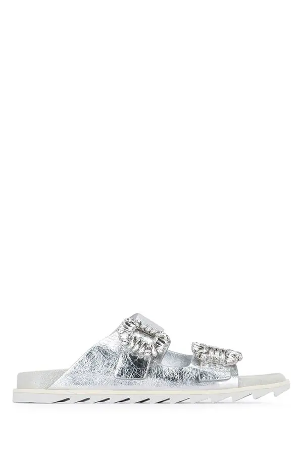 Roger Vivier Slidy Viv Rhinestone Buckle Sandals In 9999
