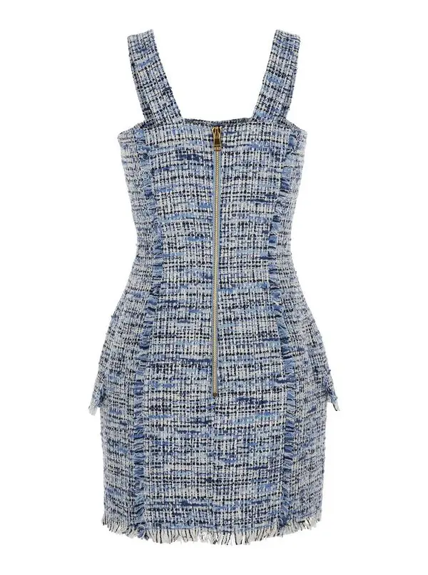 Balmain Tweed Dress With Frayed Details - Blue