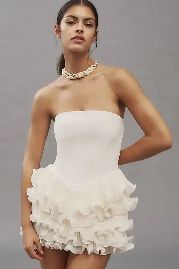 Delfi Collective Sorella Strapless Basque-Waist Ruffle-Hem Mini Dress -  Beige | Editorialist
