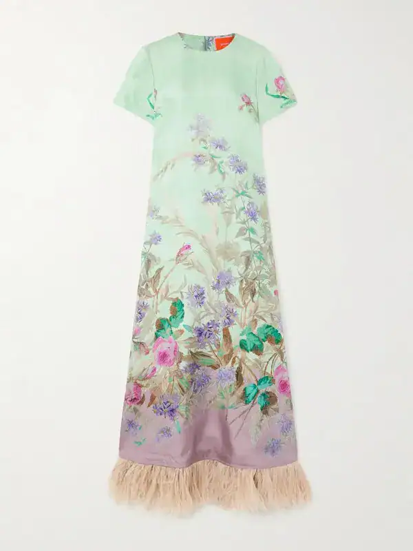 La Doublej Floral-Print Maxi Dress With Feather Trim - Green - 30% Off |  Editorialist