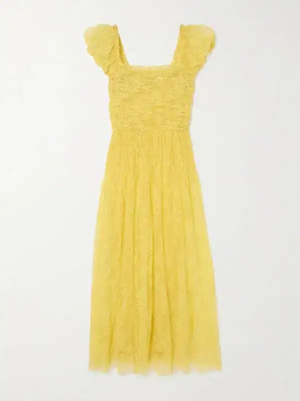 DEn Pamelina Ruffled Shirred Lace Midi Dress In Yellow - 50% Off |  Editorialist