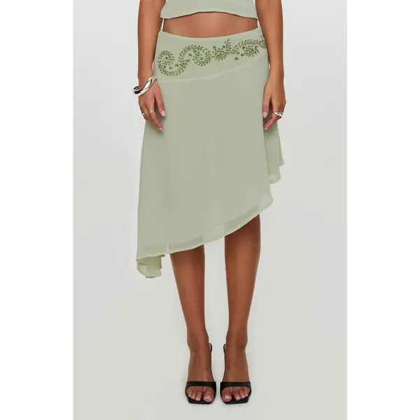 Princess Polly Embroidered Asymmetric Chiffon Skirt - Green