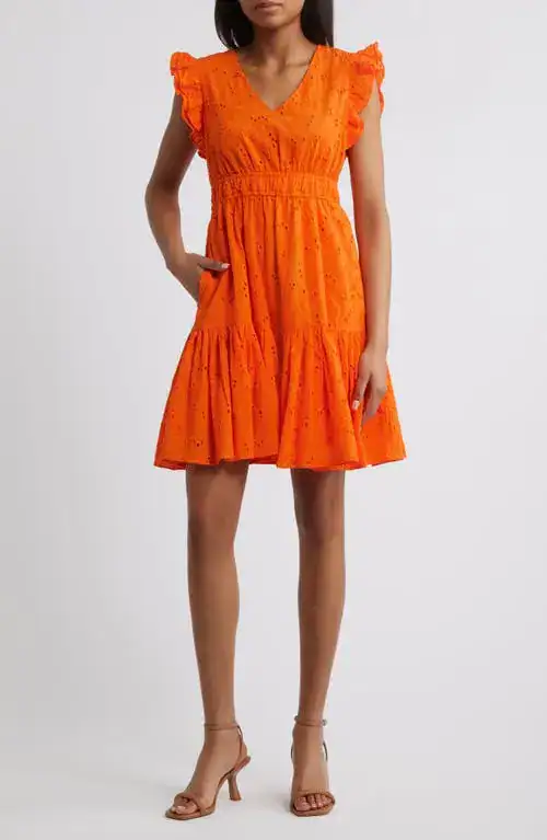 Anne Klein Embroidered Eyelet Cotton Ruffle Dress In Bright Orange - 30%  Off | Editorialist