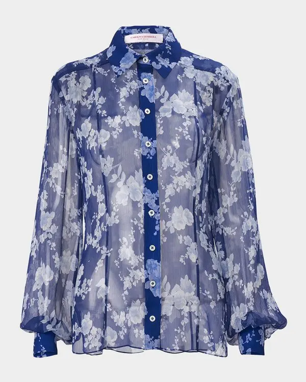 Carolina Herrera Floral Button Down Chiffon Blouse - Nautilus Multi