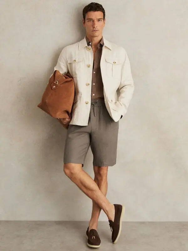 REISS Linen Drawstring Shorts - Mushroom Brown