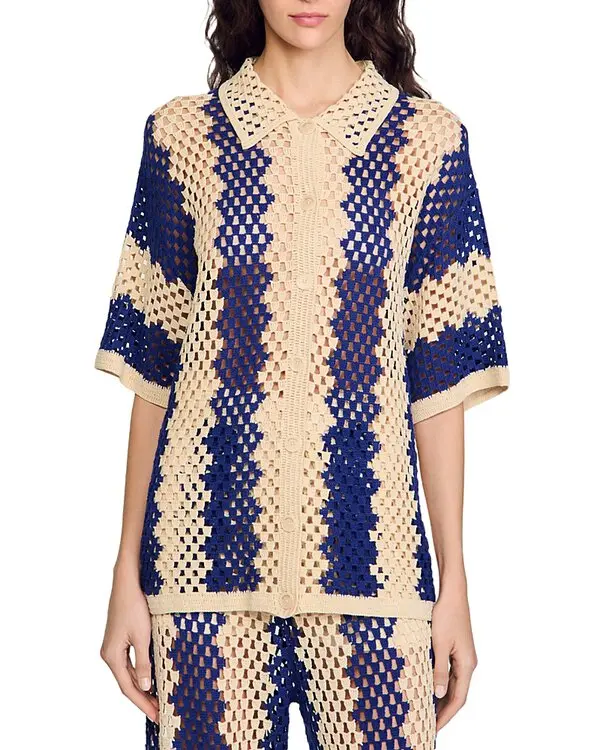 Sandro Palmas Collared Cardigan Sweater - Blue Ecru