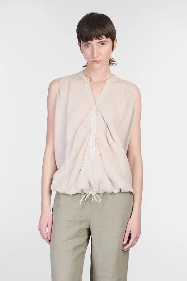 120% Lino Sleeveless Linen Top With Drawstring Hem - Brown