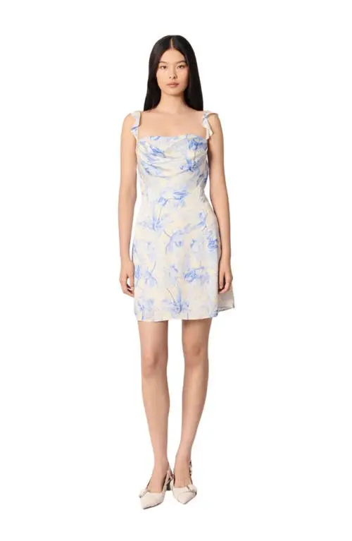 Maje Mini Patterned Knit Dress - Blue Flower Print Ecru Base