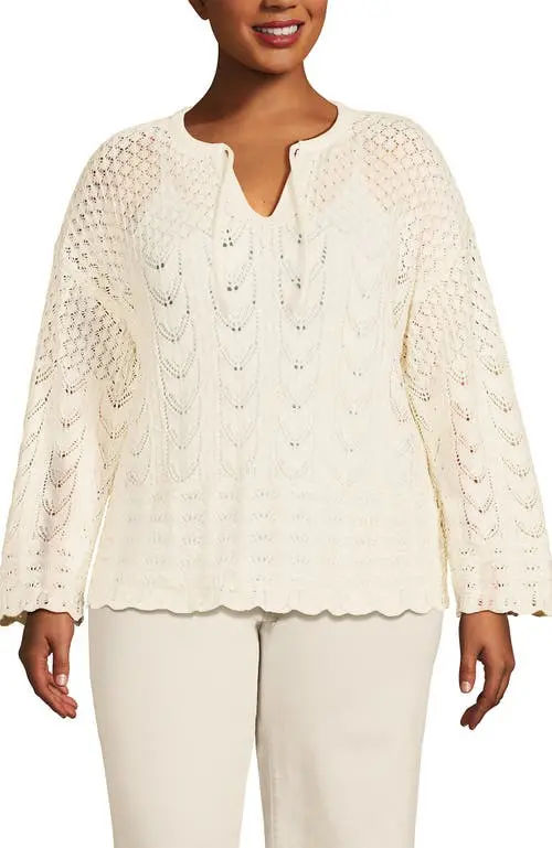 LANDS' END Cotton Boucle Pointelle Notch Neck Sweater