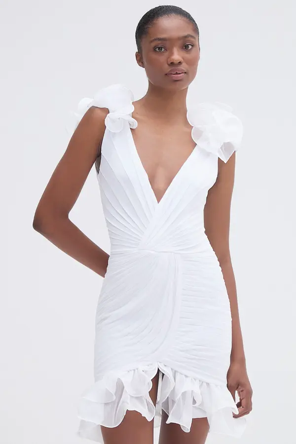PatBO Silk Plisse Flutter Mini Dress - White