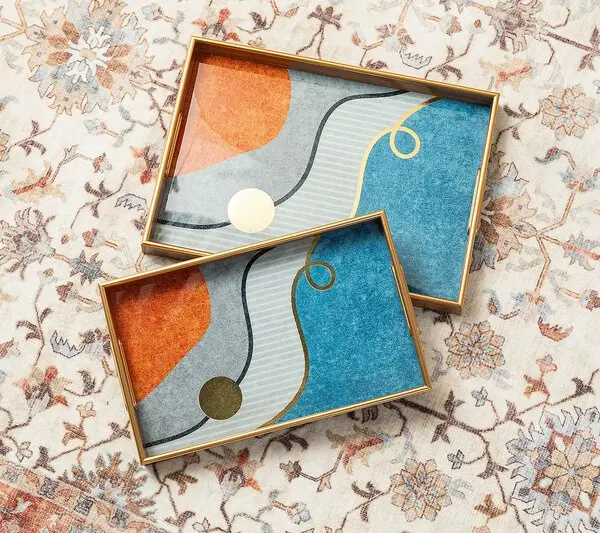 GLITZHOME Rectangle Faux Wood Patterned Decorat Ive Trays 2-set