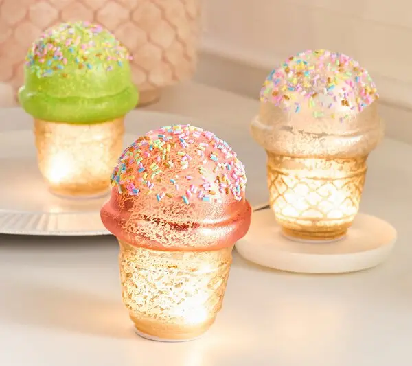 VALERIE PARR HILL As Is Set Of 3 Lit Mercury Glass Ice Cream Cones Valerie