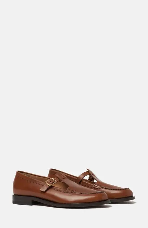 SCAROSSO Edna T-bar Loafers - Tan - Calf