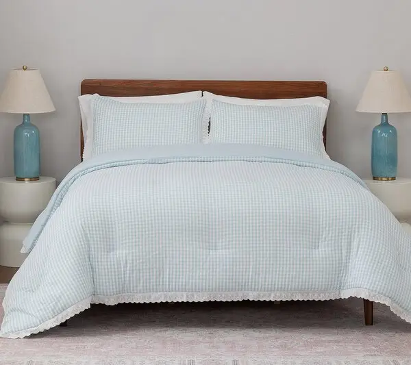 BERKSHIRE BLANKET Berkshire Gingham Comforter & Sham Set With Lace Trim- Full