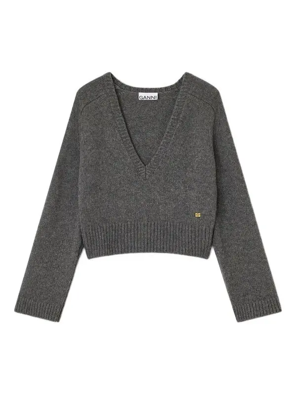 GANNI Wool V-neck Sweater - Grey