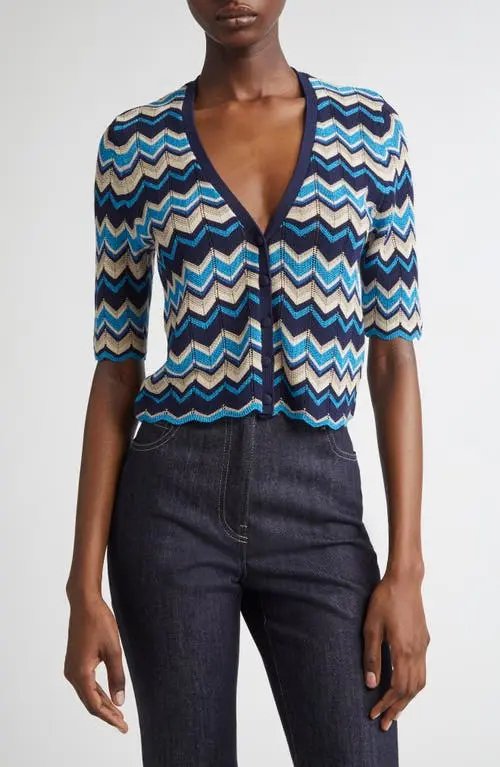 Ramy Brook Alec Chevron Metallic Stripe Cotton Blend Cardigan - Spring Navy Chevron