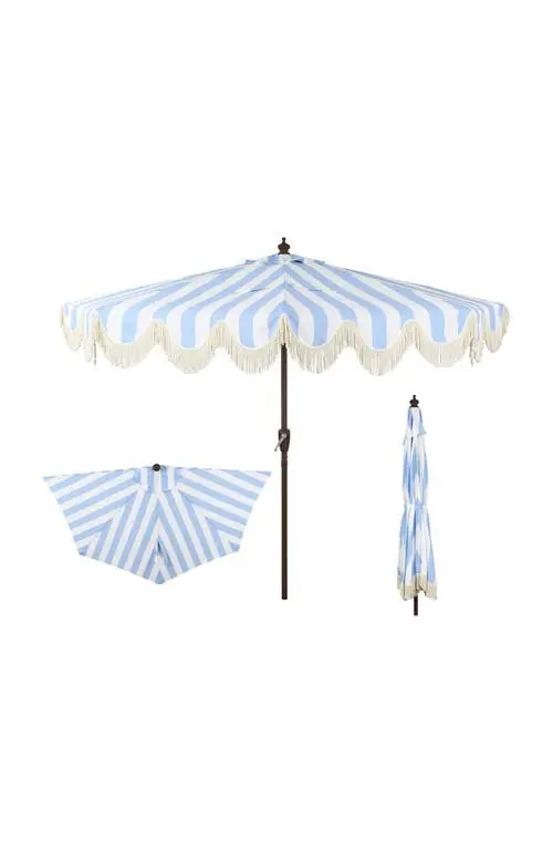 JONATHAN Y Beverly 9 Ft. Designer Classic Scalloped Fringe Half Market Patio Umbrella With Crank - Light Blue/white