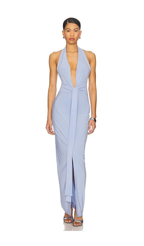 Norma Kamali Tie Front Halter Gown - Celestial Blue